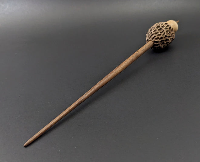 Morel mushroom support spindle in maple and walnut – Woodland Handcrafts